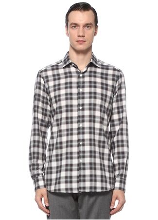 Zegna Erkek Krem Kahverengi Ekose Desenli İngiliz Yaka Gömlek L EU