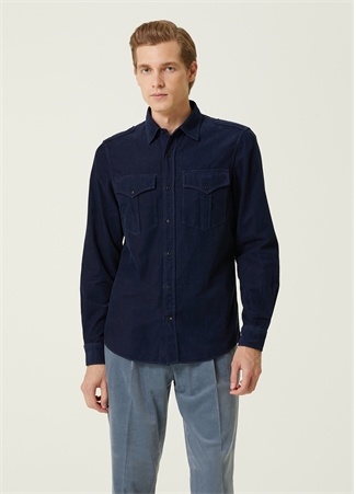 Brunello Cucinelli Erkek Lacivert Polo Yaka Kadife Gömlek L EU Brunello Cucinelli Erkek Lacivert Polo Yaka Kadife Gömlek L EU