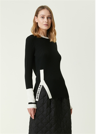 Moncler Kadın Siyah Beyaz Bisiklet Yaka Ribli Kazak XS EU