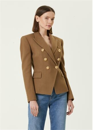 Balmain Kadın Haki Gold Düğmeli Kruvaze Ceket 42 FR