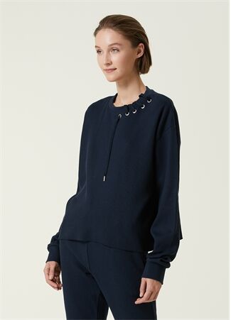 Bassigue Kadın Lacivert Yakası Kuşgözü Detaylı Sweatshirt L EU