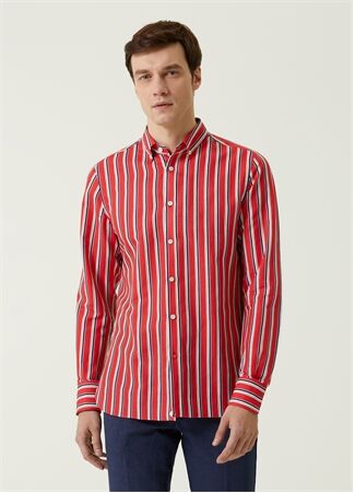 Isaia Erkek Kırmızı Düğmeli Yaka Çizgili Keten Gömlek 40 IT