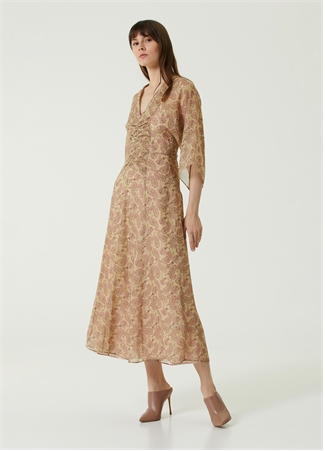 Maksu Kadın Verona Haki Bej V Yaka Midi İpek Elbise M EU