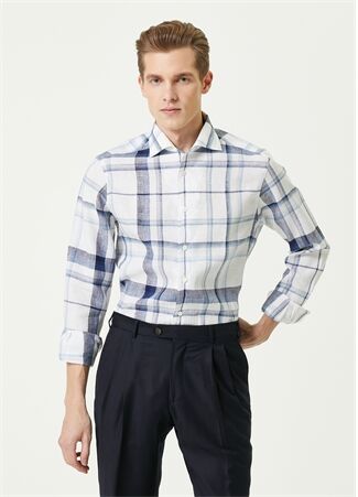 Pal Zileri Erkek Lacivert Ekoseli Keten Gömlek 39 IT