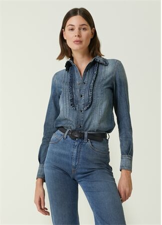 Kadın Mavi Fırfır Detaylı Denim Gömlek S EU