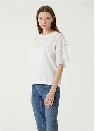 Sandro Kadın Beyaz Bisiklet Yaka Kolu Nakışlı T-shirt US Sandro Kadın Beyaz Bisiklet Yaka Kolu Nakışlı T-shirt US