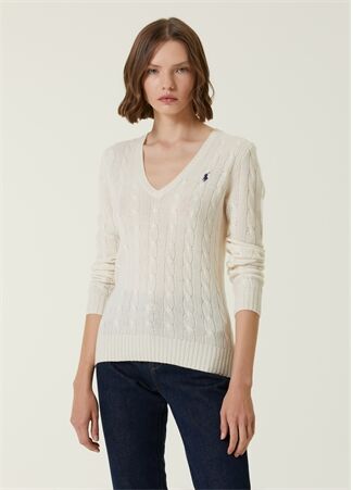 Polo Ralph Lauren Kadın Krem V Yaka Saç Örgü Yün Kazak Bej XS EU