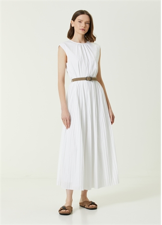 Brunello Cucinelli Kadın Beyaz Beli Kemerli Pilili Maksi Elbise XS EU Brunello Cucinelli Kadın Beyaz Beli Kemerli Pilili Maksi Elbise XS EU