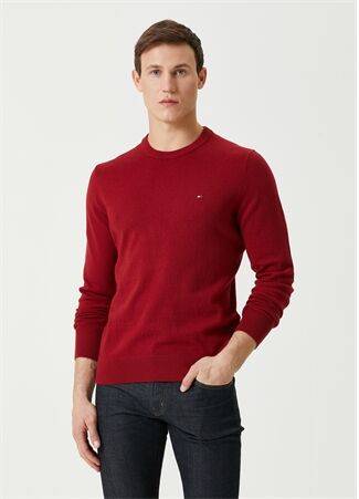 Tommy Hilfiger Erkek Kırmızı Logo Detaylı Kazak L EU