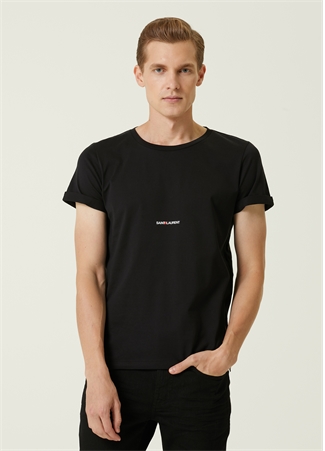 Erkek Siyah Bisiklet Yaka Logolu T-shirt M EU