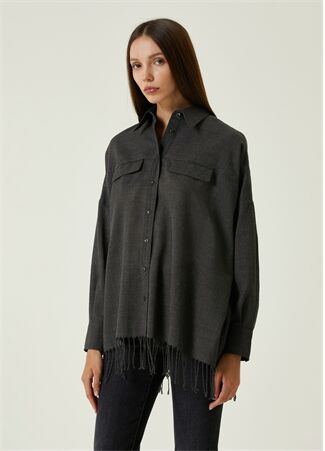 Brunello Cucinelli Kadın Koyu Gri Püsküllü Yün Gömlek L EU