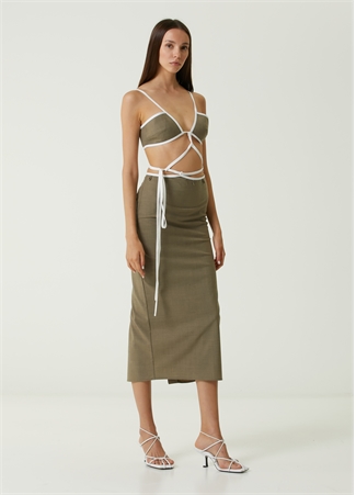Christopher Esber Kadın Haki Bağlama Detaylı Midi Yün Elbise Yeşil 8 US