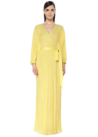 Maria Lucia Hohan Kadın Sabrina Sarı İşlemeli Uzun Kol Maksi Abiye Elbise 34 FR