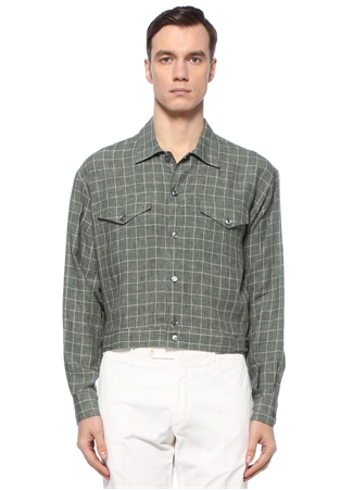 Pal Zileri Erkek Yeşil İngiliz Yaka Kareli Keten Gömlek 4 IT