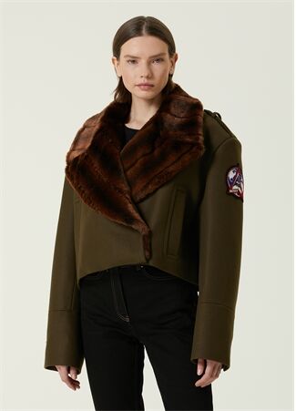 Balmain Kadın Haki Yaka Detaylı Kruvaze Yün Ceket 38 FR