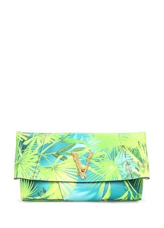 Versace Kadın Yeşil Tropikal Desenli Deri El Portföyü EU