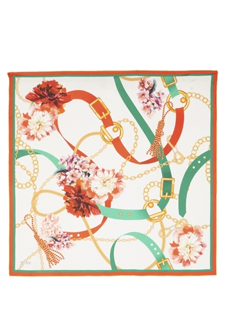 Beymen Kadın Beyaz Çiçek Desenli 90x90 Twill İpek Eşarp Kırmızı EU