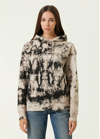 Kadın Bej Siyah Kapüşonlu Batik Desenli Sweatshirt S EU