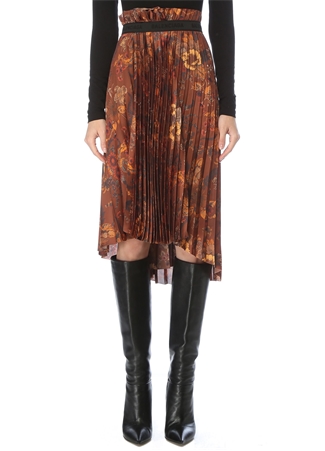 Balenciaga Kadın Kahverengi Çiçek Desenli Pilili Midi Etek 38 FR