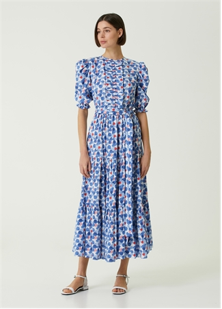 Elif Mısırlı Kadın Mavi Desenli Beli Kuşaklı Midi Elbise EU Elif Mısırlı Kadın Mavi Desenli Beli Kuşaklı Midi Elbise EU