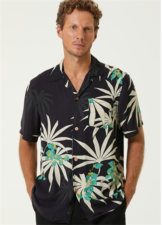 Deus Ex Machina Erkek Siyah Yeşil Yaprak Desenli Kısa Kollu Gömlek XS EU Deus Ex Machina Erkek Siyah Yeşil Yaprak Desenli Kısa Kollu Gömlek XS EU