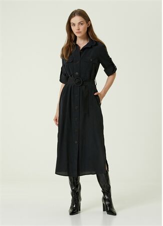 Beymen Club Kadın Siyah Kemerli Midi İpek Gömlek Elbise 34
