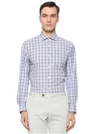 Pal Zileri Erkek Mavi İngiliz Yaka Ekoseli Gömlek 38 IT