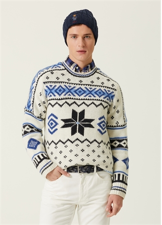 Polo Ralph Lauren Erkek Mavi Beyaz Etnik Desen Jakarlı Yün Kazak M EU