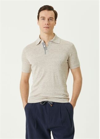 Brunello Cucinelli Erkek Bej Polo Yaka Kısa Kollu Keten Triko 50 IT