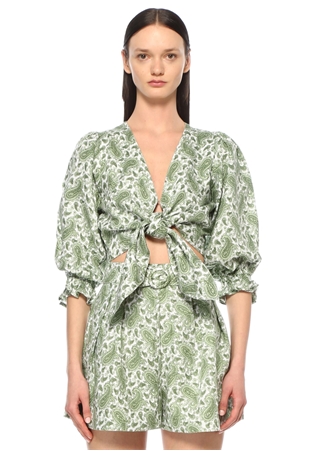 Faithfull The Brand Kadın Jacinta Yeşil Etnik Desenli Crop Bluz XS EU