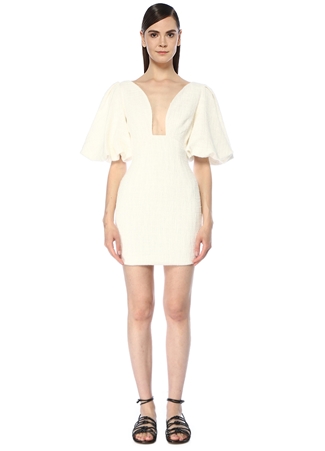 Solace London Kadın Delphi Beyaz V Yaka Balon Kol Mini Tweed Elbise 6 UK