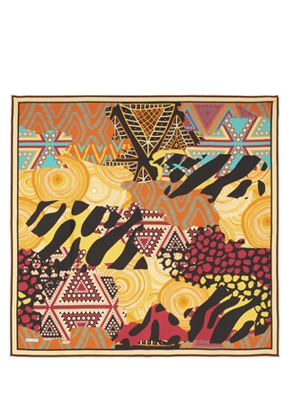 Beymen Kadın Colorblocked Desenli 90x90 Twill İpek Eşarp Turuncu EU