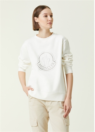 Moncler Kadın Beyaz Bisiklet Yaka Logolu Sweatshirt M EU
