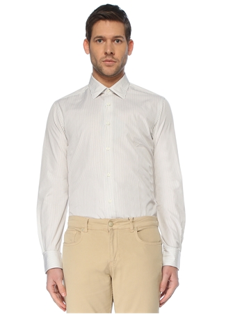 Pal Zileri Erkek Bej İngiliz Yaka Çizgili Gömlek Kahverengi 42 IT