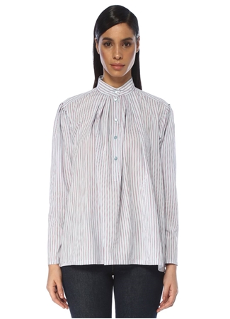 Alberta Ferretti Kadın Mavi Çizgili Dik Yaka Gömlek 42 IT