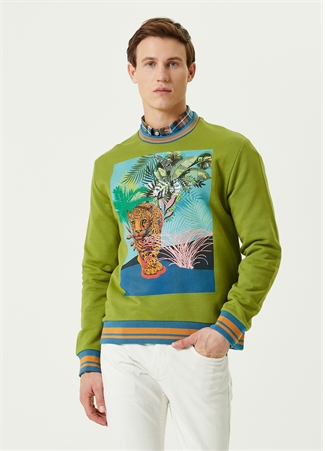 Etro Erkek Yeşil Bisiklet Yaka Baskılı Sweatshirt M EU