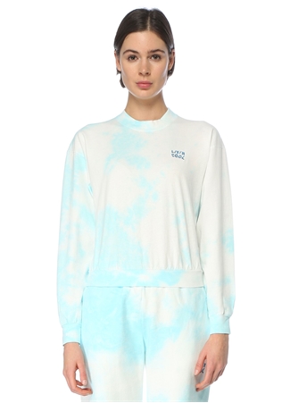 Livincool Kadın Mavi Bisiklet Yaka Batik Desenli Sweatshirt XS EU