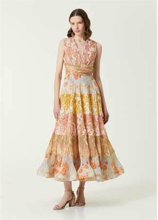 Zimmermann Kadın V Yaka Şal Desenli Pilili Maksi Elbise 0 Us