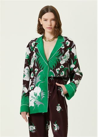 Valentino Kadın Kahve Yeşil Kelebek Yaka Çiçekli İpek Gömlek 40 It