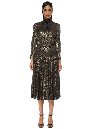 Kadın Gold Leopar Desenli Midi İpek Elbise Kahverengi 38 IT