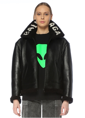 Balenciaga Kadın Cocoon Siyah Shearling Detaylı Deri Ceket 36 IT