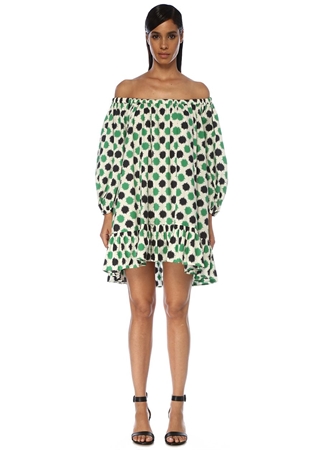 La Doublej Kadın Beyaz Yeşil Geometrik Desenli Mini Elbise M EU