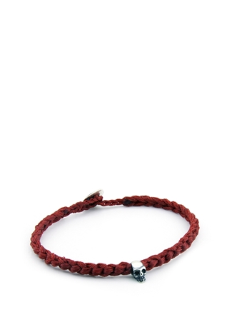 Kayra Khan Erkek Kırmızı Kuru Kafalı Örgülü Gümüş Rengi Bileklik EU
