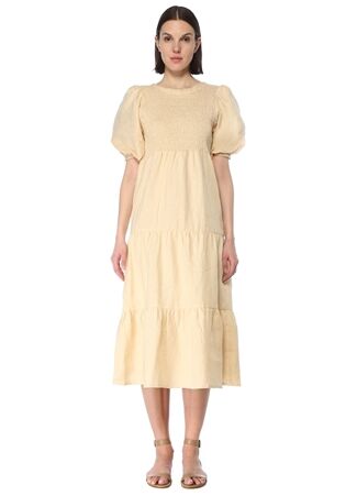Faithfull The Brand Kadın Alberte Ekru Balon Kol Midi Keten Elbise Bej XS EU