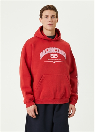 Balenciaga Erkek Kırmızı Kapüşonlu Logolu Sweatshirt 2 US Balenciaga Erkek Kırmızı Kapüşonlu Logolu Sweatshirt 2 US