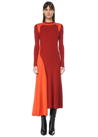 Alexander McQueen Kadın Kırmızı Turuncu Asimetrik Midi Yün Triko Elbise S EU