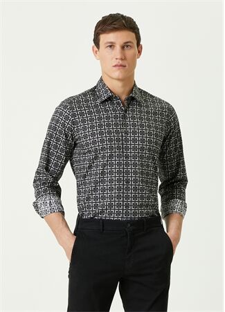 Pal Zileri Erkek Siyah Gri Geometrik Desenli Gömlek 40 IT