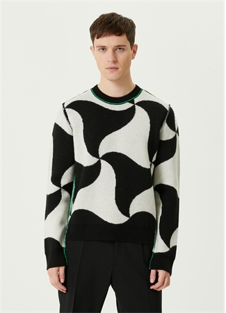 Bottega Veneta Erkek Siyah Beyaz Bisiklet Yaka Yün Kazak M Eu