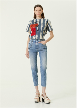 Dsquared2 Kadın Mavi Yüksek Bel Crop Jean Pantolon 36 IT