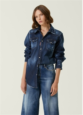 Dsquared2 Kadın Lacivert Yıpratmalı Jean Gömlek 42 IT Dsquared2 Kadın Lacivert Yıpratmalı Jean Gömlek 42 IT